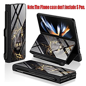 Breclar for Samsung Galaxy Z Fold 4 Case with S-Pen Pocket Luxury Flip Plating Glass Crystal Hybrid Leather All-Inclusive Cover, with S Pen Holder for Samsung Z Fold 4 5G 2022 (Lion)
