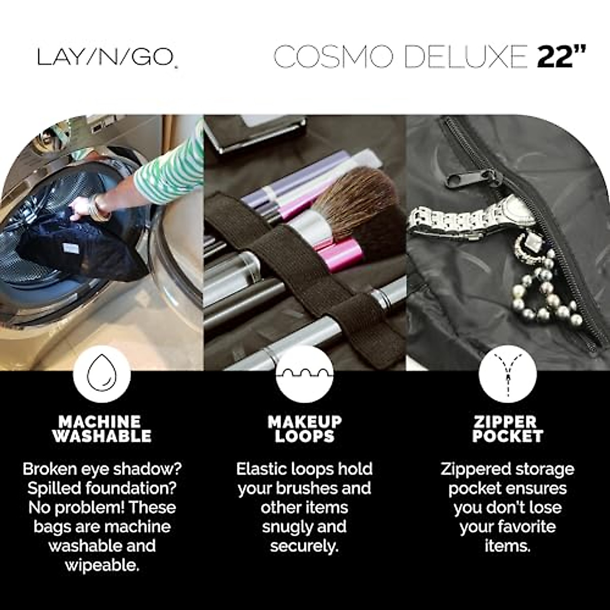 Lay-n-Go Cosmo Drawstring Cosmetic & Makeup Bag Organizer - Portable Drawstring Makeup Bag w/Zipper Pocket, Makeup Loops & More - Durable, Machine Washable Makeup Bag for Travel (22”, Leopard)