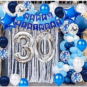 30th Birthday Party Decoration Blue Silver for Men, Happy Birthday Banner Number 30 Birthday Star Foil Balloons Latex Confetti Balloons for Men Him Boyfriends Husband 30 Years Old Birthday(30th)