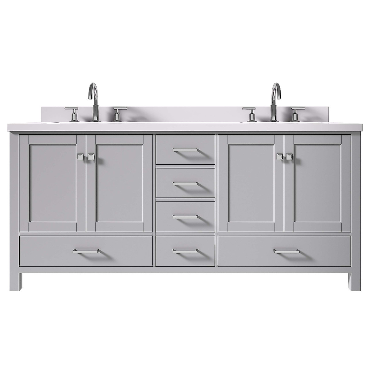 ARIEL Double Bathroom Vanity 73" Grey with 1.5" Edge Pure White Quartz Countertop & Splash, Rectangular Sinks, 4 Soft Closing Doors, 6 Full Extension Dovetail Drawers, Brushed Nickel
