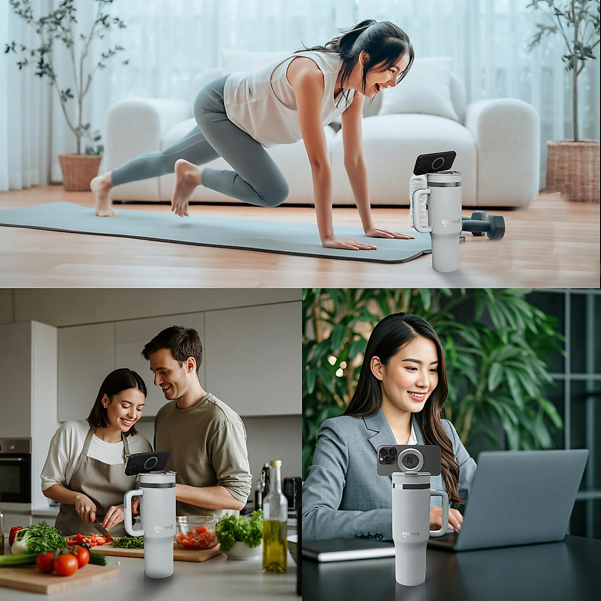 JetFresh 40 oz Tumbler with Handle and Straw Magnetic Phone Holder Tripod Lid Perfect for Car Phone Holder - Insulated Stainless Steel Leak Proof Spill Proof Water Tumbler for Men and Women Cup