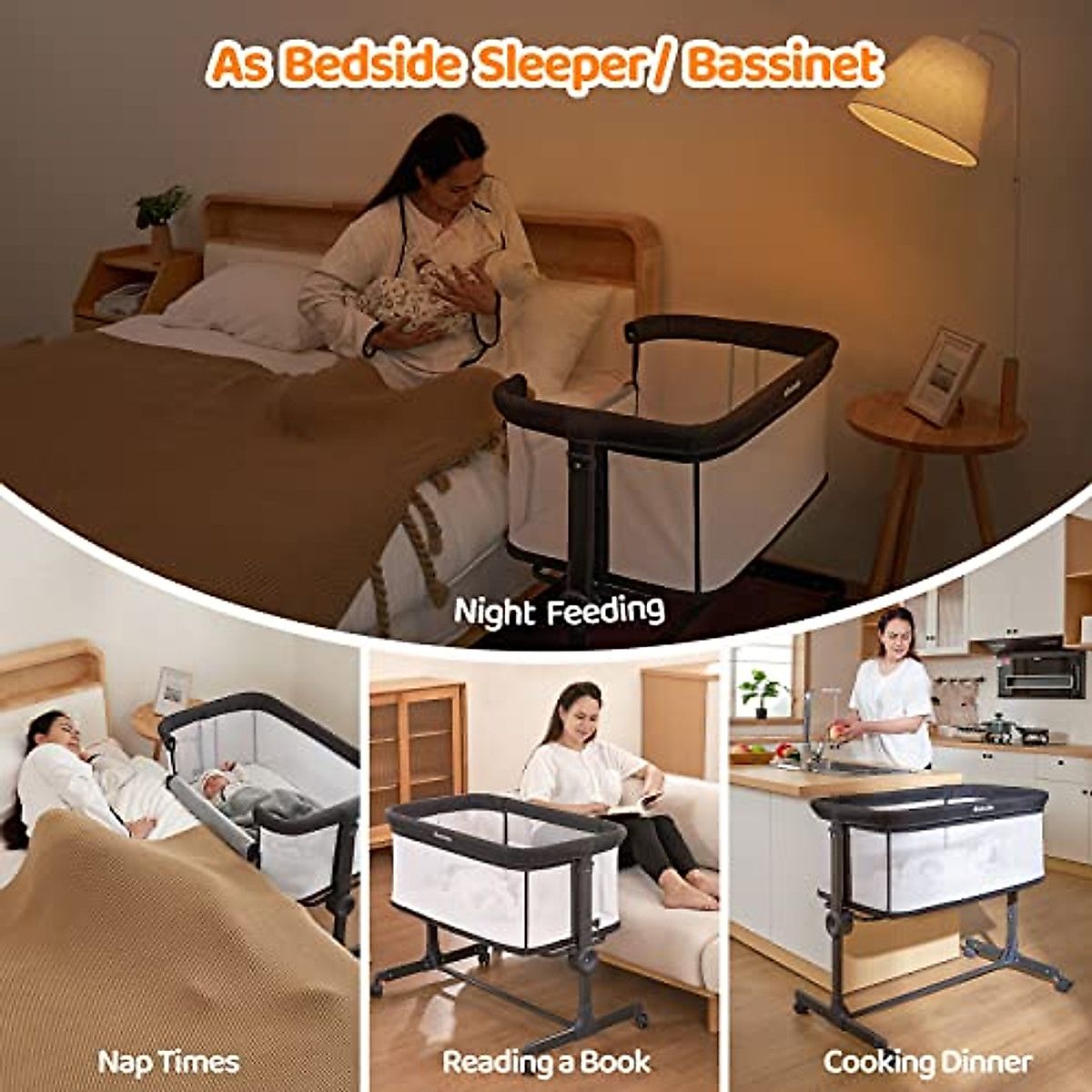 Ezebaby Baby Bassinet with Wheels, Bedside Bassinet Co Sleeper Crib for Newborn Baby Infants with All Mesh Sides and Adjustable 7 Heights, Mattress & Sheet Included