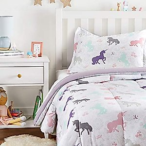 Amazon Basics Easy-Wash Microfiber Kid's Comforter and Pillow Sham Set - Twin, Purple Unicorns