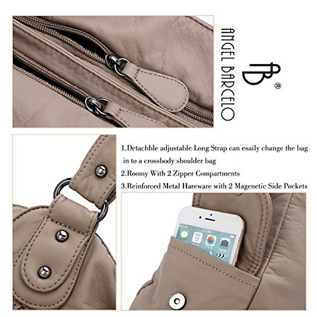 Angel Barcelo Roomy Fashion Hobo Womens Handbags Ladies Purse Satchel Shoulder Bags Tote Washed Leather Bag (Apricot)