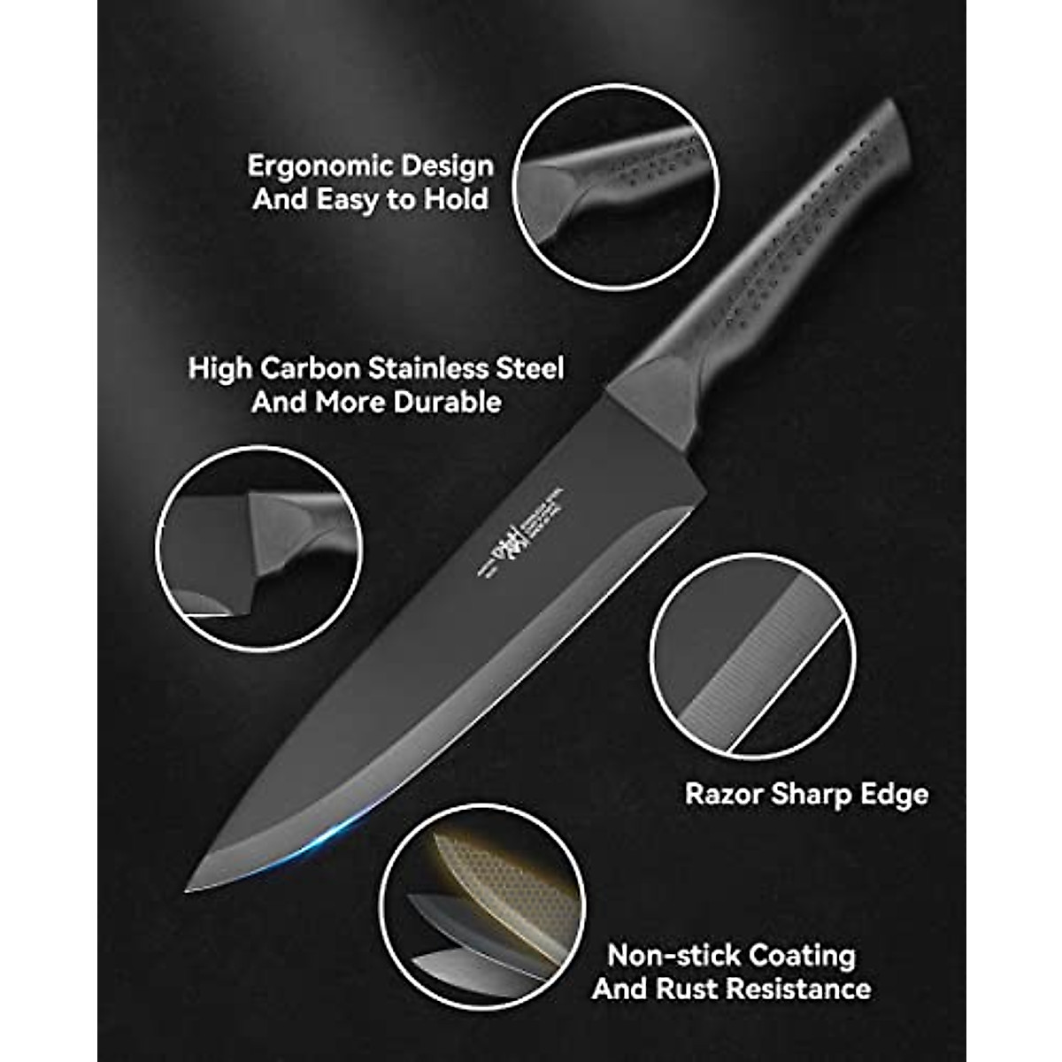 knife set, Dishwasher Safe Kitchen Knife Set with Block, 15 Pcs Black knife sets for kitchen with block Self Sharpening, 6 Steak Knives, Anti-slip handle, Black
