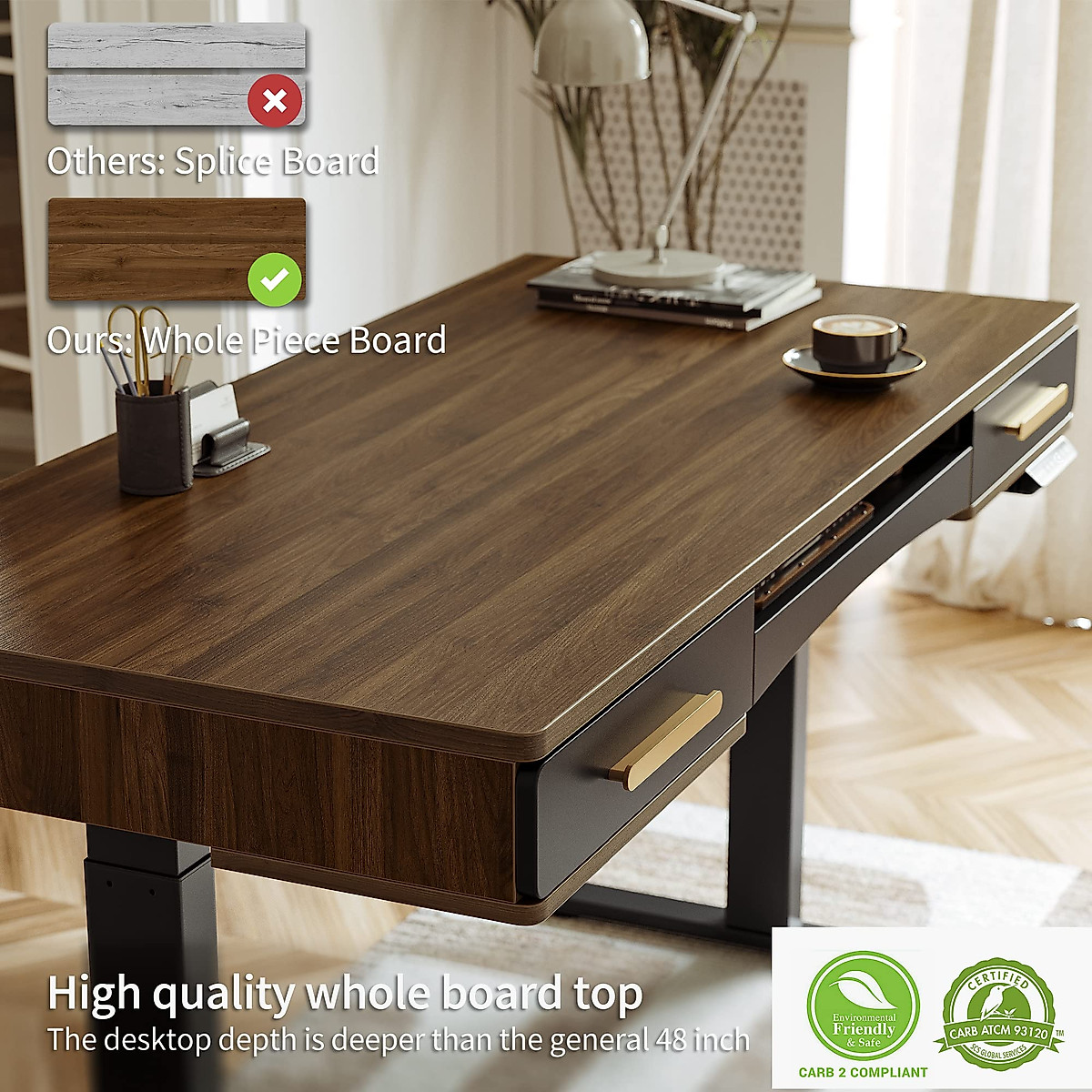 FEZIBO 48" x 26" Mid-Century Modern Electric Standing Desk with 2 Drawers & 1 Keyboard Tray, Whole-Piece Stand Up Home Office Desks, Vintage Top/Black Frame (2 Packages)