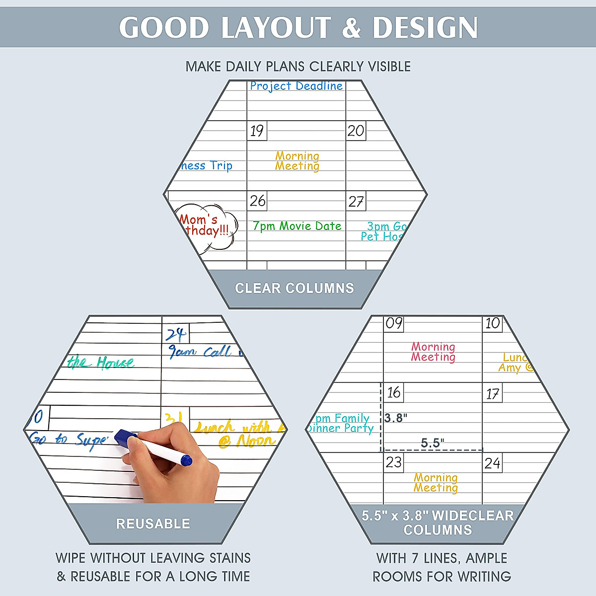 Dry Erase Calendar for Wall - Large Dry Erase Calendar, 28" x 40", Undated Monthly Calendar for Home, Office, Classroom, Erasable Laminated Calendar Whiteboard with 6 Markers ＆ 6 Stickers - 1Y Grey