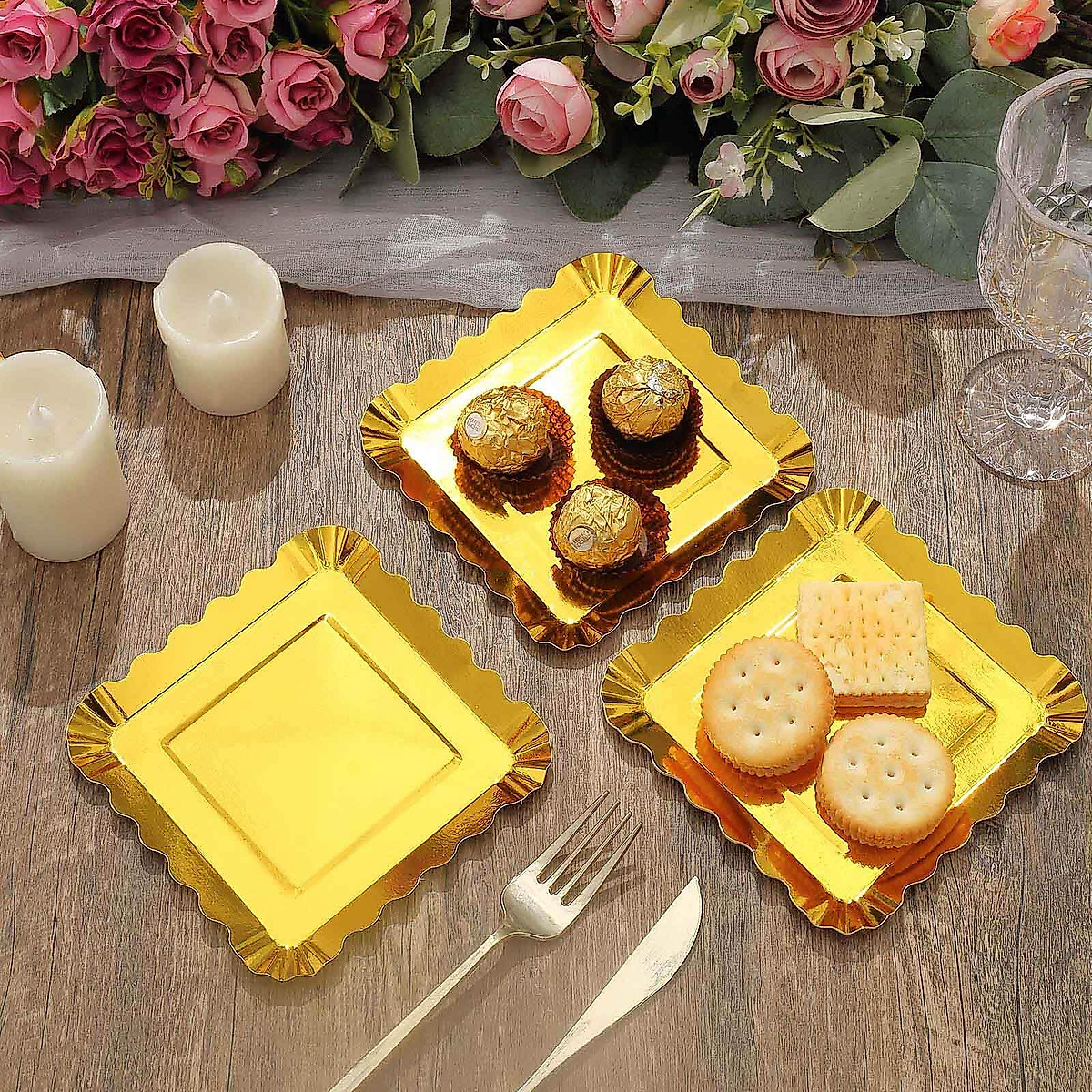 Efavormart 50 Pack | 5" Gold Foil Scalloped Rim Dessert Paper Plates, Disposable Square Appetizer Plates