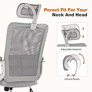 Sweetcrispy Ergonomic Home Office Desk Chair, Mesh Swivel Rolling Computer Chair with Adjustable Headrest, Soft PU Armrest, and Lumbar Support