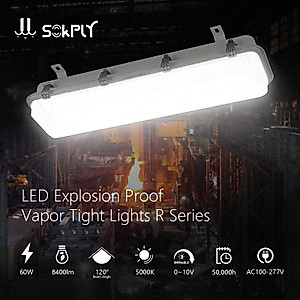 Sokply LED Explosion Vapor Proof Light ETL&UL844 Certified 60W 8400LM (300W HPS Eqv.), 4FT Class I Division II Hazardous Locations Industry Luminaires 0-10V Dimmable IP66 Waterproof, R4 Series