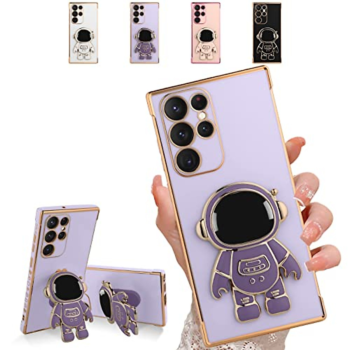 AIGOMARA 6D Plating Astronaut Hidden Stand Case Cover for Samsung Galaxy S22 Ultra 5G Women Astronaut Folding Bracket Kickstand iPhone Case with Camera Protector Soft TPU Shockproof Bumper - Purple