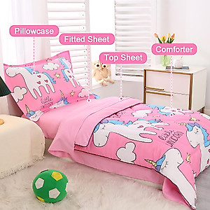 Wowelife Toddler Bedding Sets for Girls 4 Piece Unicorn Toddler Bed Set with Comforter, Flat Sheet, Fitted Sheet and Pillowcase (Pink Unicorn)