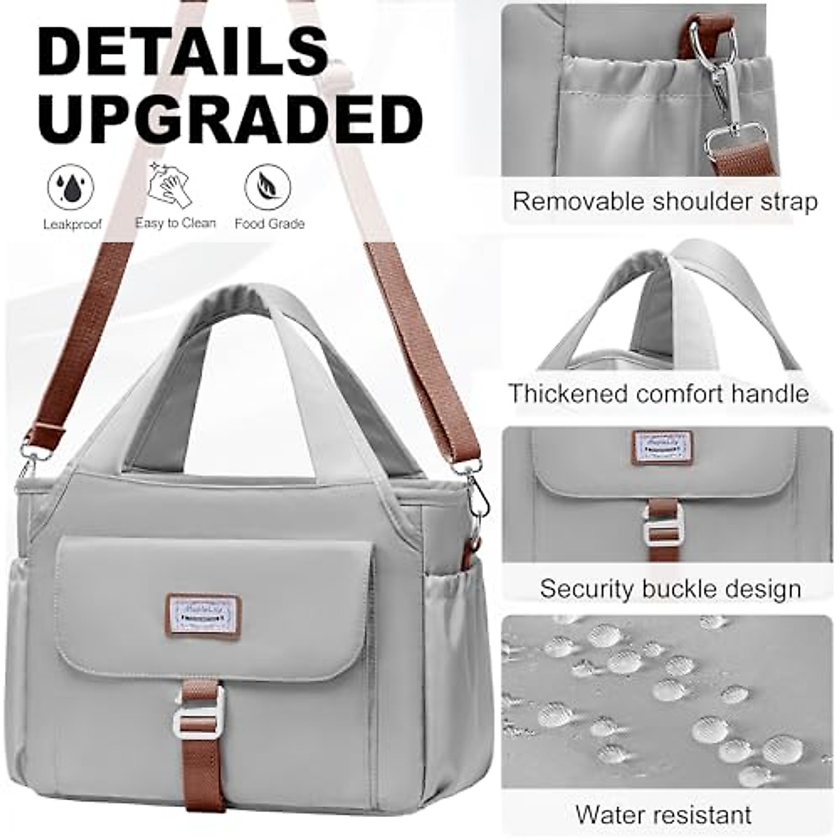 MAPLELILY Lunch Bag for Men Women, Insulated Lunch Tote Bag for Work, Lunch Box Women, Large Leak Proof Lunch Cooler, With Shoulder Strap Adult Lunch Bag, For Picnic Beach Hiking, Grey