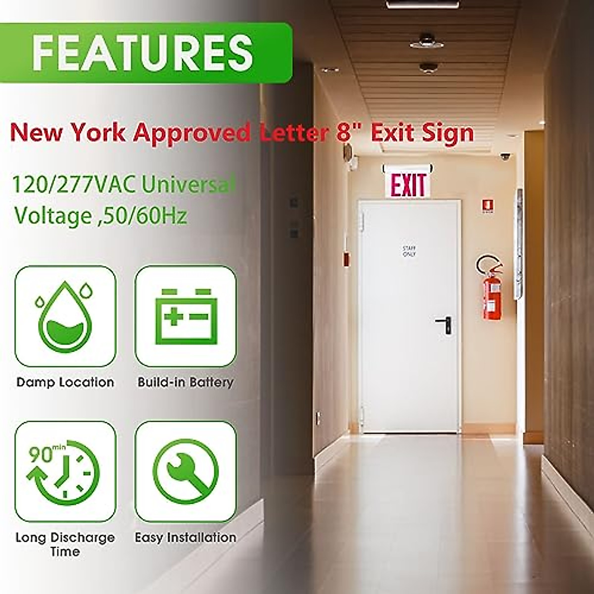 Garrini LED Emergency Exit Sign with Backup Battery UL Certified Wall Ceiling Mounting Acrylic Clear Replaceable Panel Removable Indicator Arrows, Fire Resistant GSEL-200SR