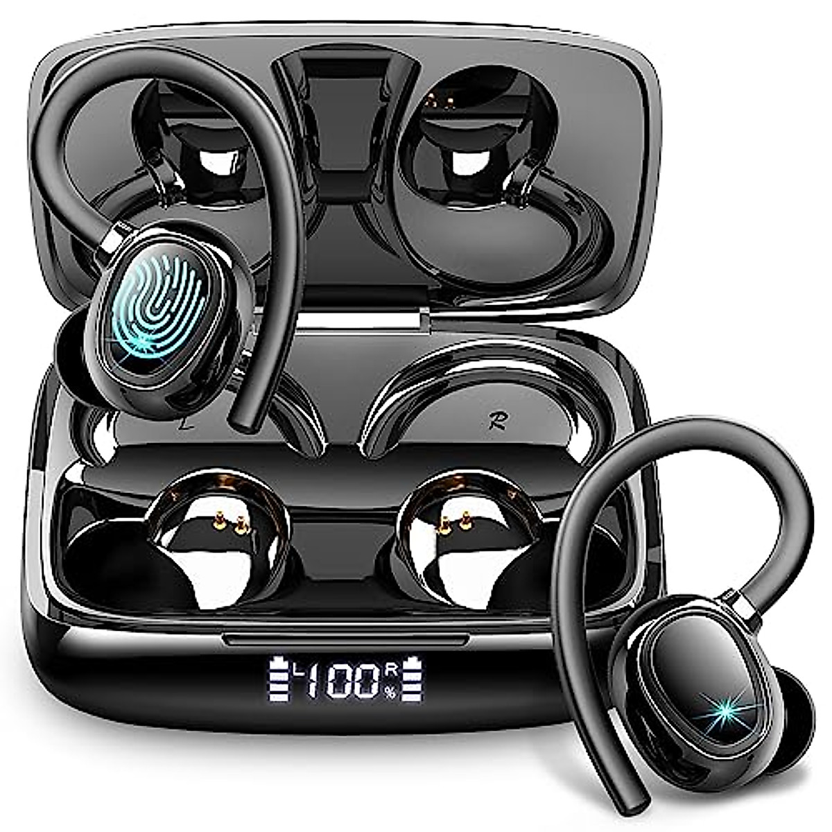 Wireless Earbud NEW Bluetooth 5.3 Headphones Sport Earphones 48H Playtime Ear Buds with ENC Mic LED Display, Stereo Noise Cancelling Earbud Over-Ear Buds Earhook IP7 Waterproof Headset for Running Gym