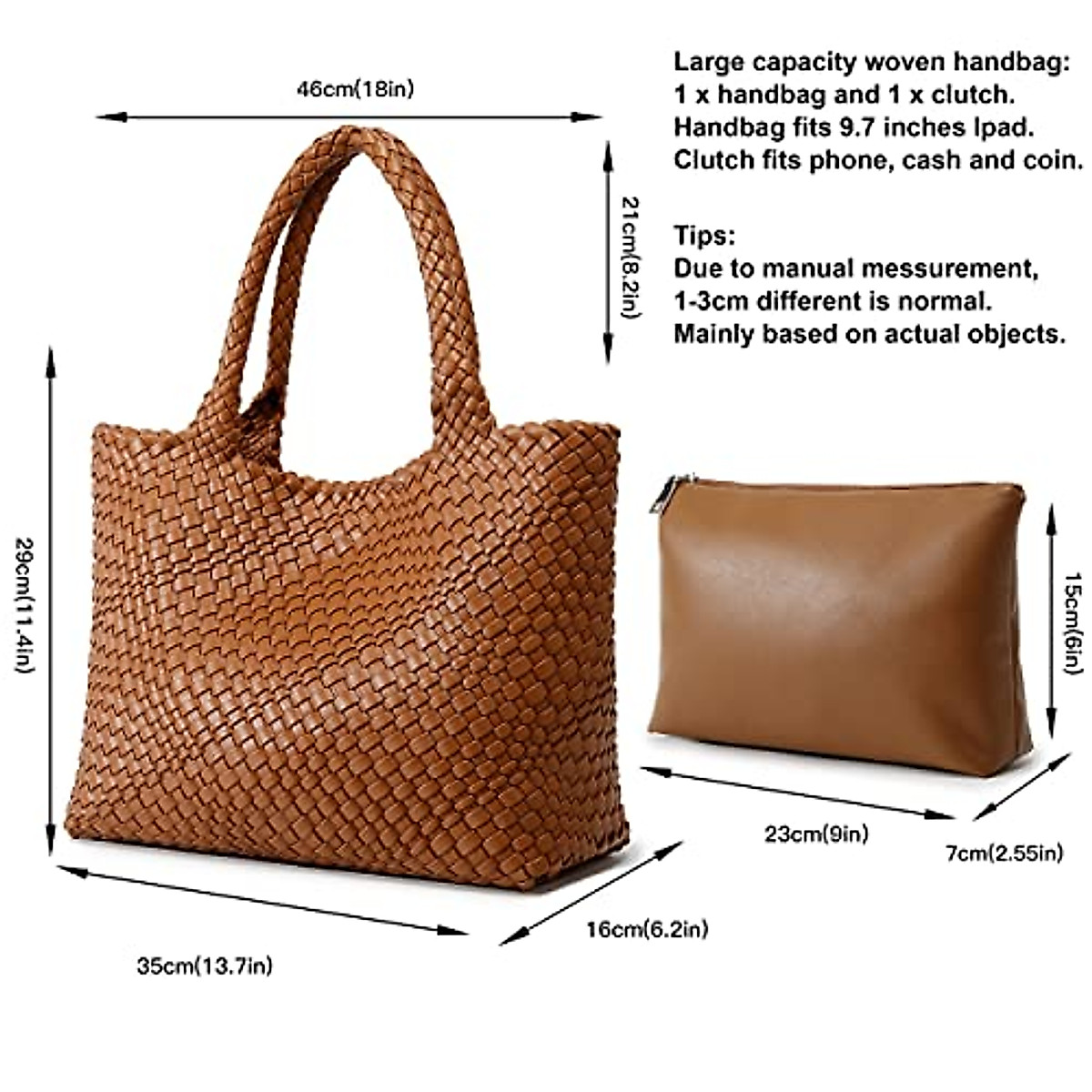 Woven Bag for Women, Fashion Top Handle Shoulder Bag Vegan Leather Shopper Bag Large Travel Tote Bag (Brown)