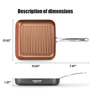 10 Inch Griddle Pan,Non Stick Grill Pan for Electric Stove Top Oven Suitable Copper Skillet Deep Square Fry Pan with Stainless steel Handle