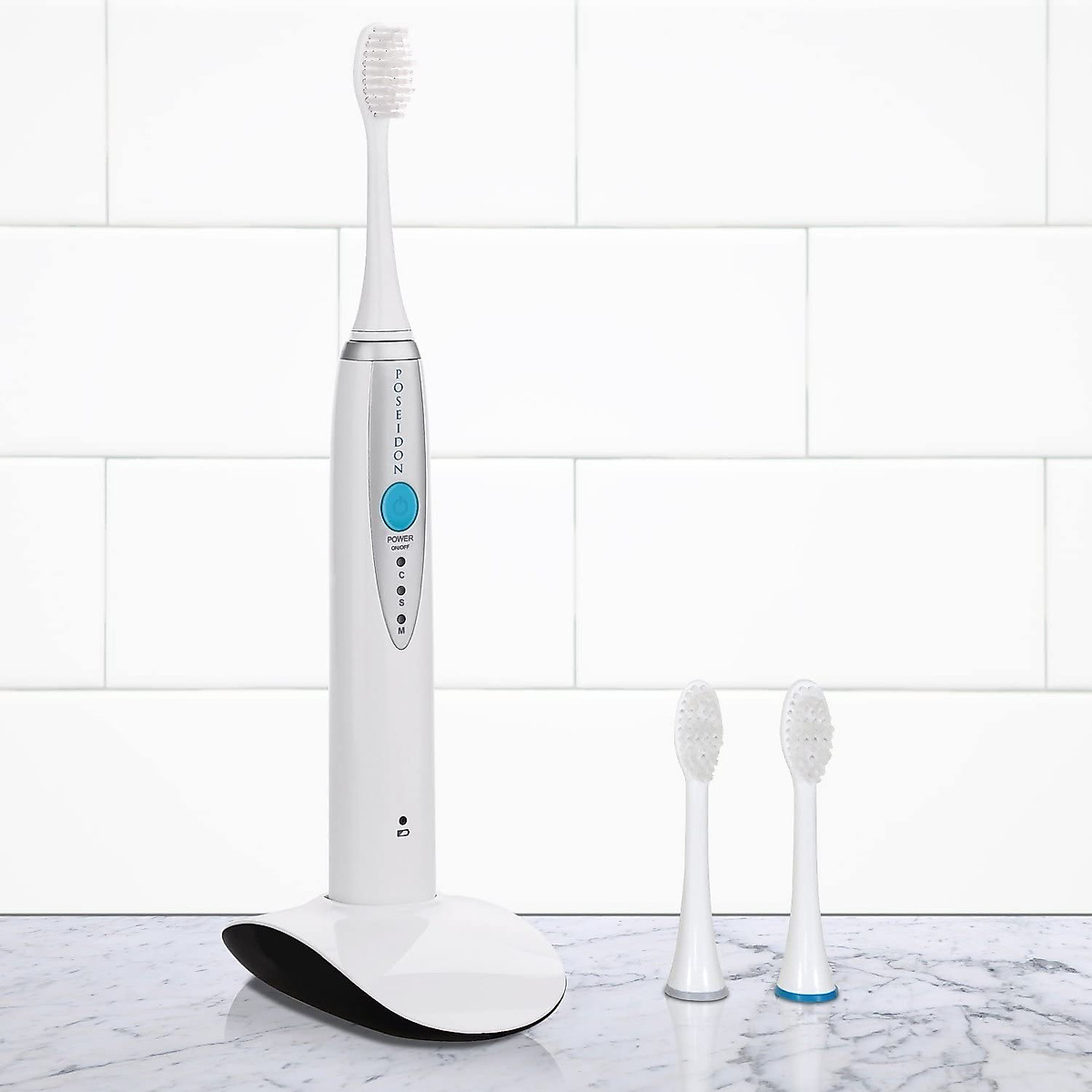 ToiletTree Products Poseidon Rechargeable Sonic Toothbrush with Inductive Charger and 3 Replacement Brush Heads for Multiple Users