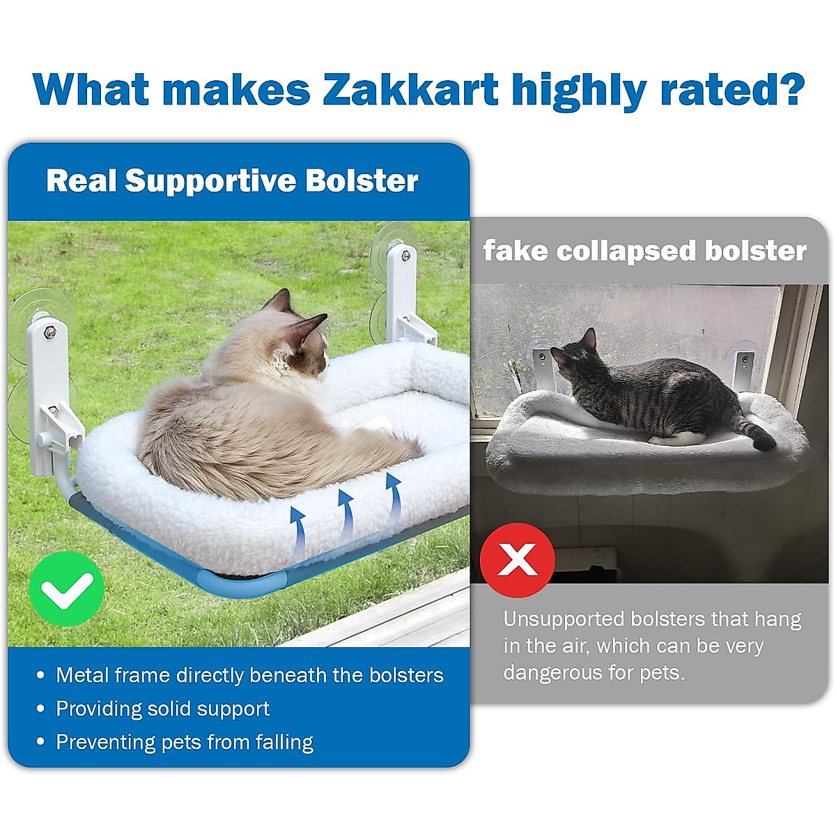 Zakkart Foldable Cat Hammock for Window - Cordless, Embeded Machine Washable Padded Bed, Robust Metal Frame - Cat Window Perch for Large Cats and Kittens (White Bolster Bed, Medium)