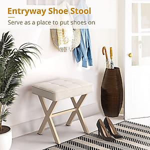 LUE BONA Vanity Stool, Square Linen Makeup Stool with Metal X Legs, Small Ottoman Stool Chair for Vanity, Modern Padded Vanity Seat Foot Rest Stool for Makeup Room, Bathroom, Linen Color