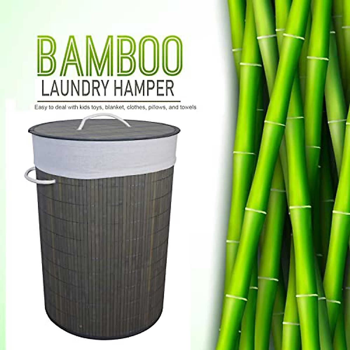Gymbidium Foldable Durable Bamboo Laundry Basket Hamper with 2 Removable Liner bags, Bedroom (Round, Grey)