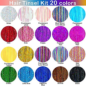 GrennMauler Hair Tinsel Kit (48 Inch, 20 Colors, 4800 strands), Tinsel Hair Extensions with Tools， Heat Resistant Fairy Hair Tinsel Kit for Women Hair Accessories