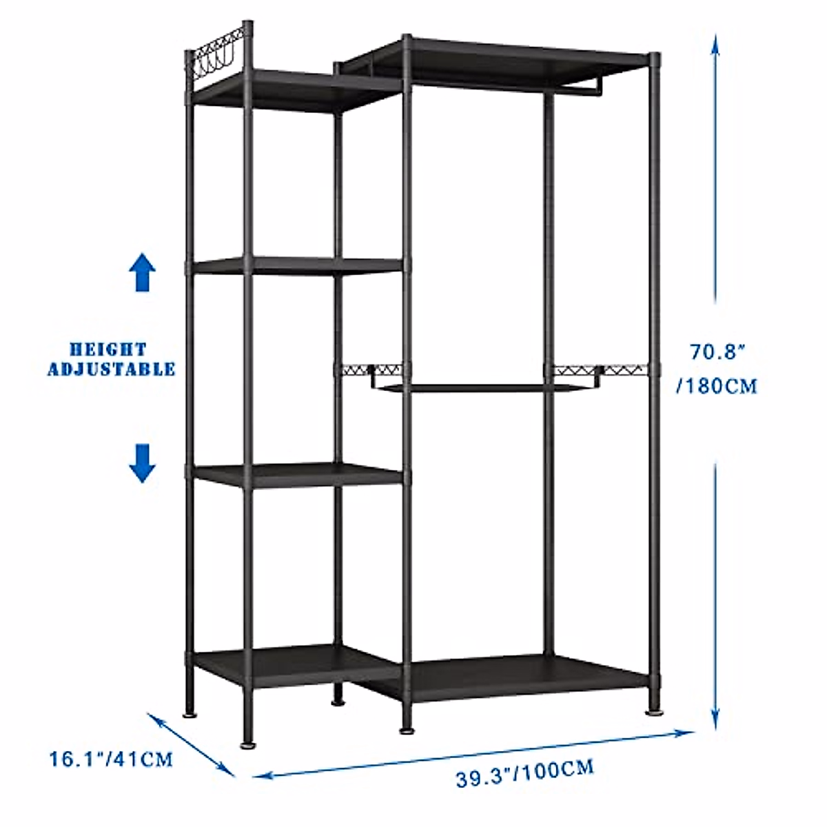 Isyunen Garment Rack, Heavy Duty Clothes Rack with Double Rods and 6 Storage Shelves and 1 Pairs Side Hooks for Hanging Clothes,Adjustable Metal Freestanding Closet Wardrobe Rack,Black (Black)