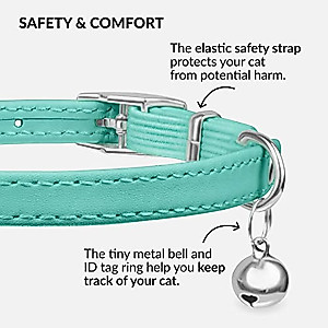 CollarDirect Leather Cat Collar with Bell - Kitten Collar, Small and Big Cat Collar for Boy Cats, Girl Cats with Safety Elastic Strap (Neck Fit 9"-11", Mint Green)