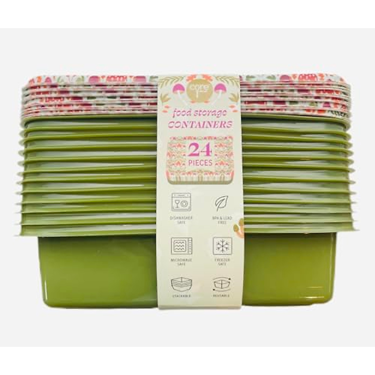 Core Essentials Food Storage Containers, 33.8 oz/1 L, Set of 24 Pieces (MUSHROOMS)