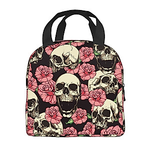 Skull Lunch Bag Box Tote Pink Rose Flowers Organizer Lunch Container Black Insulated Zipper Meal Prep Cooler Handbag For Women Men Home School Office Outdoor Gift