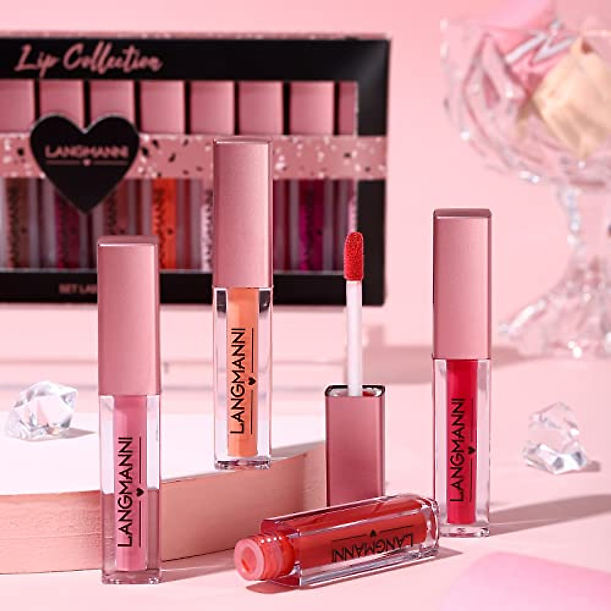 LANGMANNI 12Pcs Lip gloss Collection Makeup Set, Shiny Smooth Soft Liquid Lip Glosses Lip Stain With Rich Varied Colors For Girls And Women Makeup