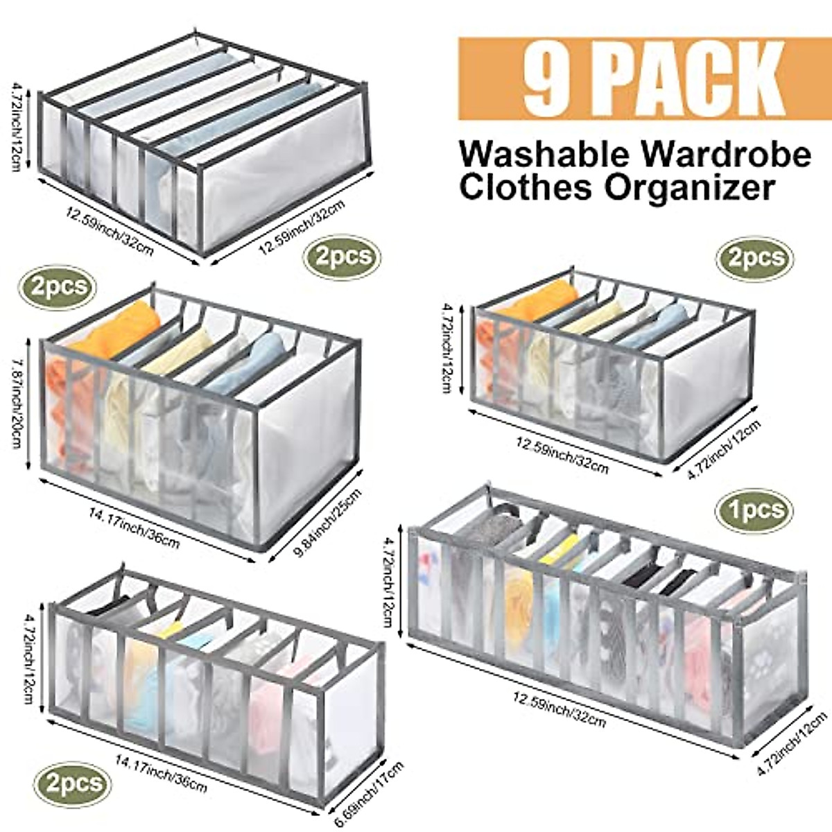 9 Pcs Underwear Drawer Organizer Foldable Closet Clothes Divider Nylon Wardrobe Clothes Organizer Closet Clothing Organizer Clothing Compartment Storage Box for Bra Sock Underwear Jean, 6/7/11 Grids