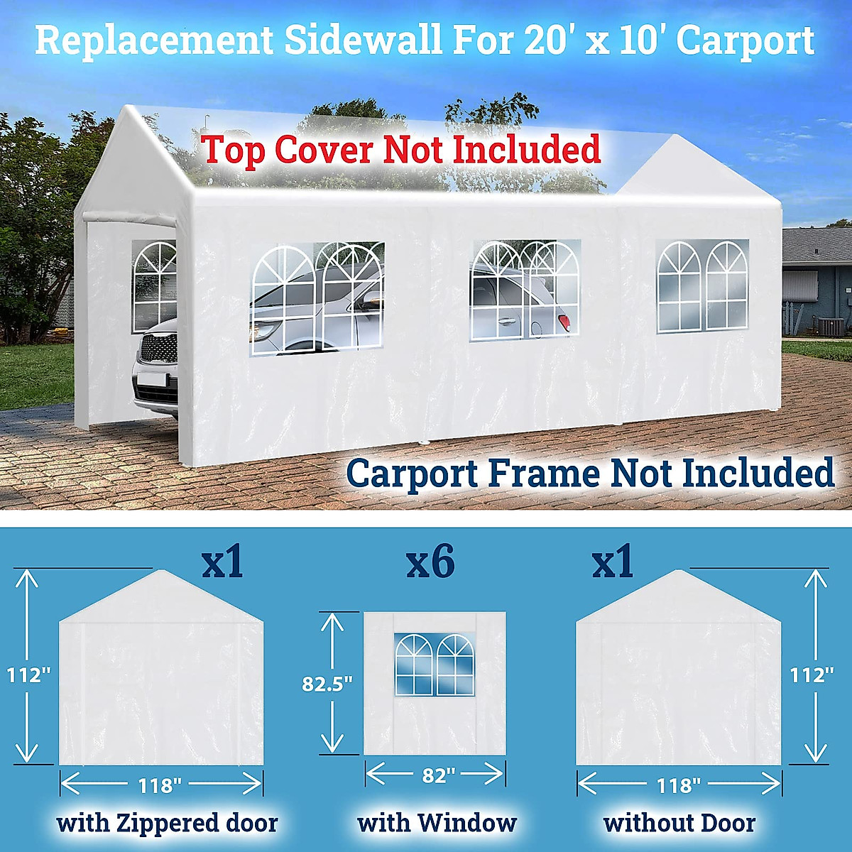 YardGrow 10'x20’ Carport Sidewall only Tent Replacement Kit Enclosed Panels with 2 Sidewalls and 2 Doors, 1 Door with Zipper