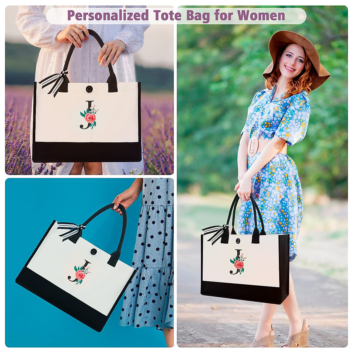 Binggemen Personalized Initial Canvas Tote Bag, Monogrammed Gifts Bag for Wedding,Birthday, Present Beach Bag for Women, Mom, Bridesmaids,Teachers