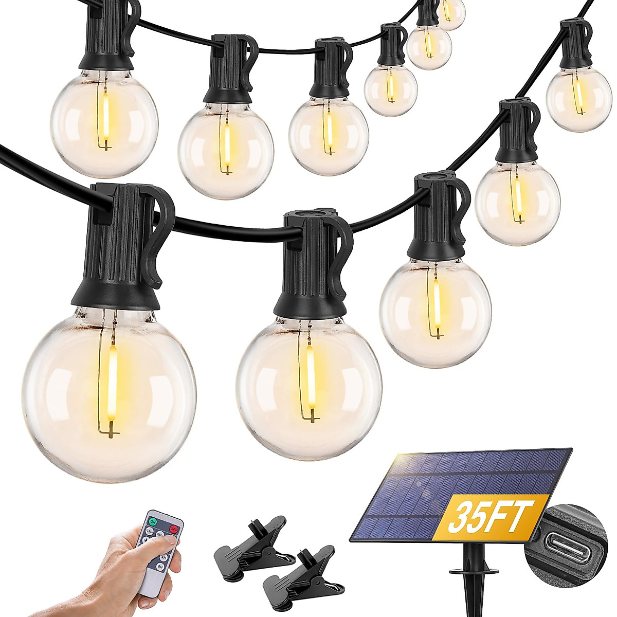 ZJOJO Solar Outdoor String Lights 35FT G40 Globe Patio Lights Outdoor String Lights Solar Powered with 15 Edison Glass Bulbs 2700K Shatterproof Hanging Lights for Porch Garden Backyard Pergola Bistro