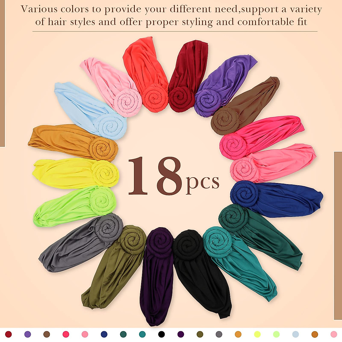 Jeyiour 18 Pcs Women Turban African Pre Tied Bonnet Hairwrap Flower Knot Bonnet Beanie Cap Turban Head Wraps Headband Hat (Novel Colors)