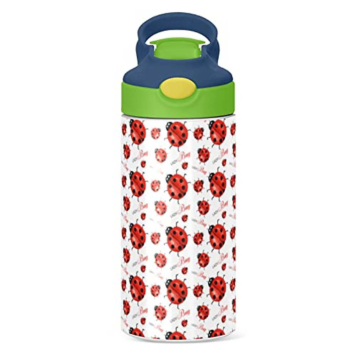 ALAZA Watercolor Funny Insects Ladybug Kids Water Bottles with Lids Straw Insulated Stainless Steel Water Bottles Double Walled Leakproof Tumbler Travel Cup for Girls Boys Toddlers 12 oz / 350 ml,Gree