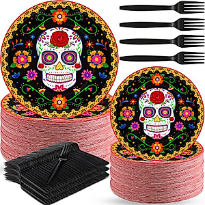 Yungyan 180 Pcs Day of the Dead Plates and Forks Dia De Los Muertos Plates 7 Inch and 9 Inch Sugar Dessert Skull Plates for Party Decorations Supplies (Marigold Flower Pattern)
