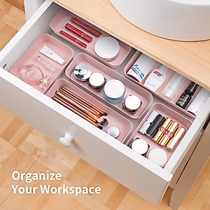 Joyask 14 PCS Desk Drawer Organizer Large Bathroom Drawer Organizers Pink Wheat Straw Vanity Organizers Trays for Drawers 3-Size Makeup Drawer Organizer Fits Makeup Bedroom Kitchen and Office
