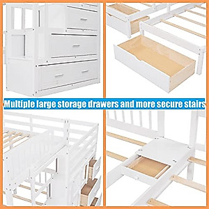 SNIFIT Latest Upgraded & Stronger Triple Bunk Bed Full Over 2 Twin Bunk Bed with Storage Drawers, Thickened Enhanced Solid Wood Triple Bunk Bed Frame with Safer Staircase, Easier to Assemble (White)