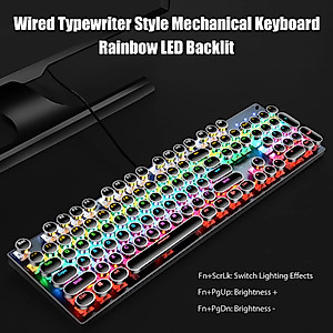 TISHLED Typewriter Style Mechanical Gaming Keyboard RGB LED Backlit 104-Key Clicky Blue Switches Retro Steampunk Round Keycaps Metal Panel Light Up Keyboard Wired USB for PC/Mac/Laptop, Black