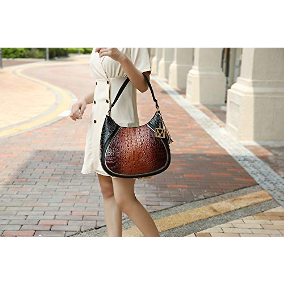 MKF Hobo Bag for Womens Fashion – PU Leather Shoulder Purse Tassel, M Charm – Top Handle Multi-pocket Handbag Brown