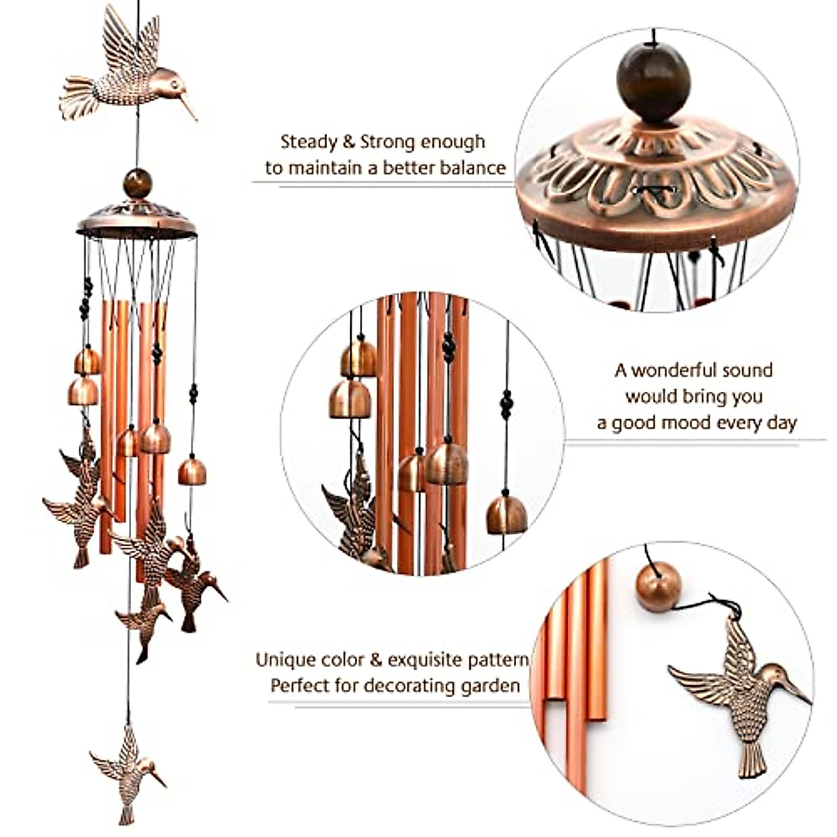 Choha Hummingbird Wind Chimes for Outdoor, Aluminum Tube Windchime with S Hook, Mobile Metal Sympathy Memorial Hummingbird Wind Bells for Home, Yard, Patio, Garden Decoration, Gift for Mom Grandma