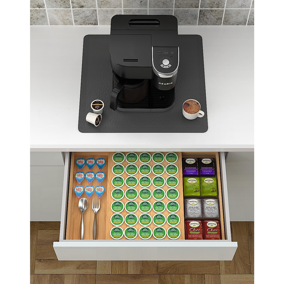 WELL WENG Larger Expandable Bamboo Coffee Pod Holder for Counter Drawer - Compatible with K-Cup Pods - Tea Bags Storage (Natural)