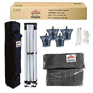 Tistent 10'x10' Pop Up Canopy Tent Commercial Instant Shelter with Heavy Duty Carrying Bag and 4 Removable Side Walls, 4 Canopy Sand Bags Black
