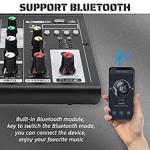 Portable Audio Mixer, Portable 4 Channel BT Mixing Console Digital Audio Mixer Builtin Effect for Home Karaoke, Webcast, Music Recording(US plug)