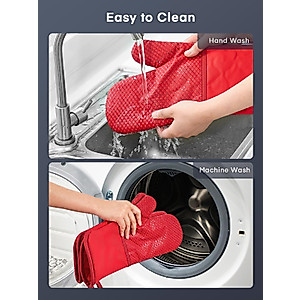 Oven Mitts, Heat Resistant Kitchen Oven Gloves 572°F, Non-Slip Silicone Surface, Extra Long Flexible Thick Mitts for Kitchen, Cooking, Baking, BBQ, Grid Red