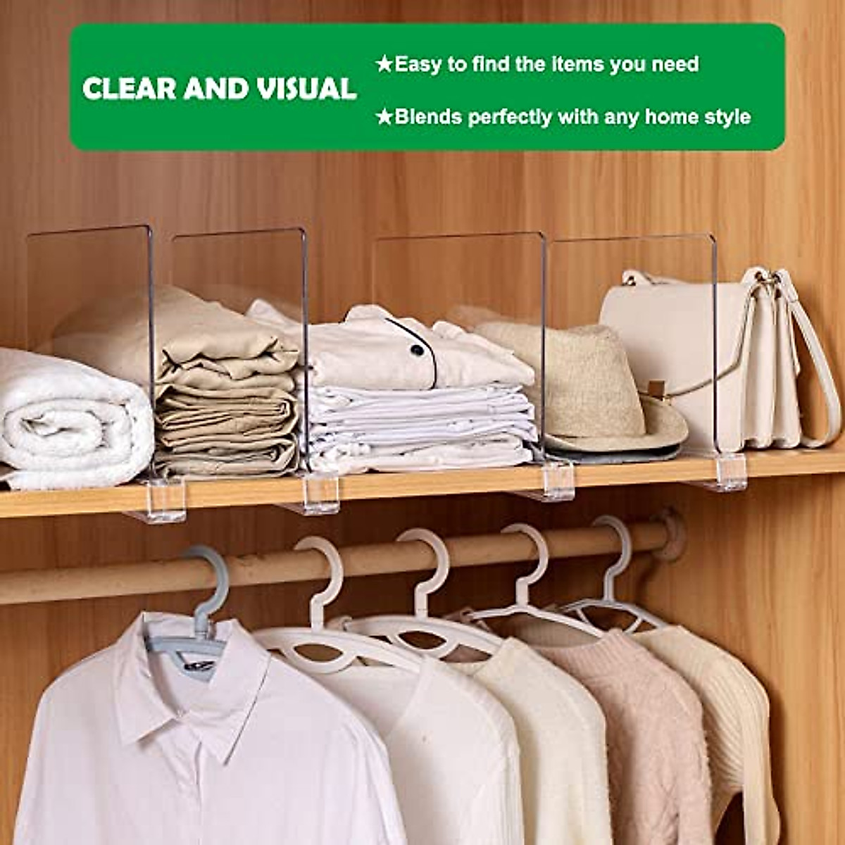 QUETEAT Acrylic Shelf Dividers for Closet Organization, Clear Closet Dividers for Shelves Purse Organizers Multifunctional Cabinet Dividers in Bedroom Kitchen and Office Shelves (4 Pack)