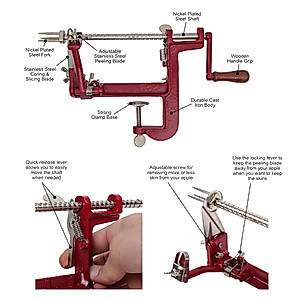 Johnny Apple Peeler, Heavy Duty Cast Iron Peeler with Stainless Steel Corer Slicer and Peeler Blades and a Strong Clamp Base, Apple Pie or Apple Crisp Maker