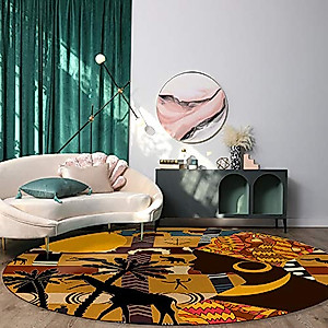Large Area Rug for Living Room- African Women Rlephant Giraffe Silhouette Soft Comfort Carpet Home Decorate Contemporary Runner Rugs, 4' Diameter